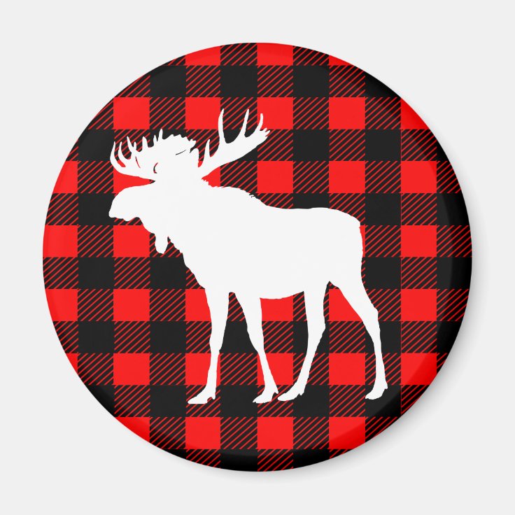 White Moose & Rustic Black Red Buffalo Check Plaid Magnet | Zazzle
