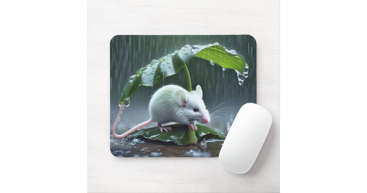 White Mouse Staying Dry Under Big Leaf Mouse Pad | Zazzle