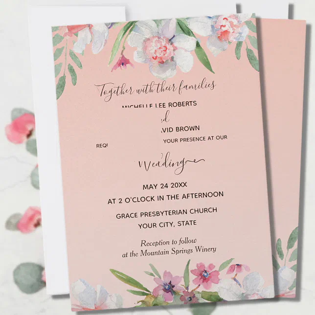 White Narcissus on Apricot Pink Floral Wedding Invitation | Zazzle