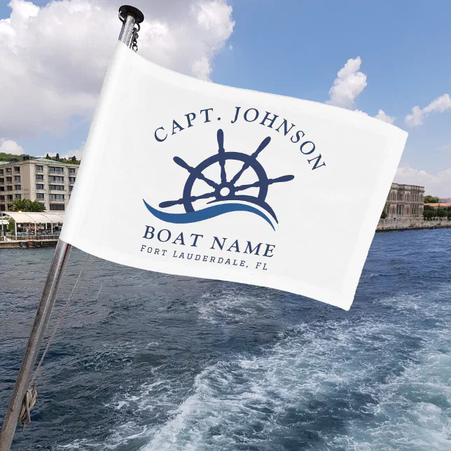 White & Nautical Blue Wave Captain Ship Helm Boat Car Flag | Zazzle