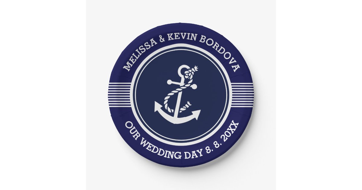 White Nautical Boat Anchor Wedding Text template Paper Plates | Zazzle
