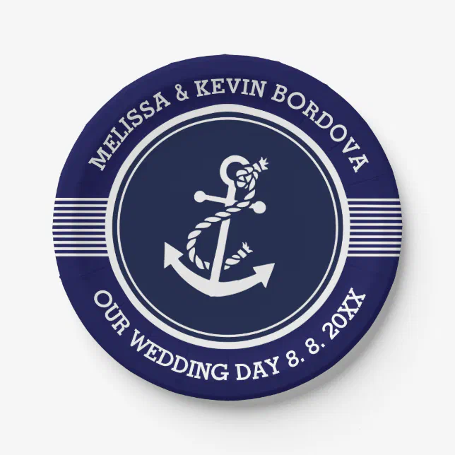 White Nautical Boat Anchor Wedding Text template Paper Plates | Zazzle
