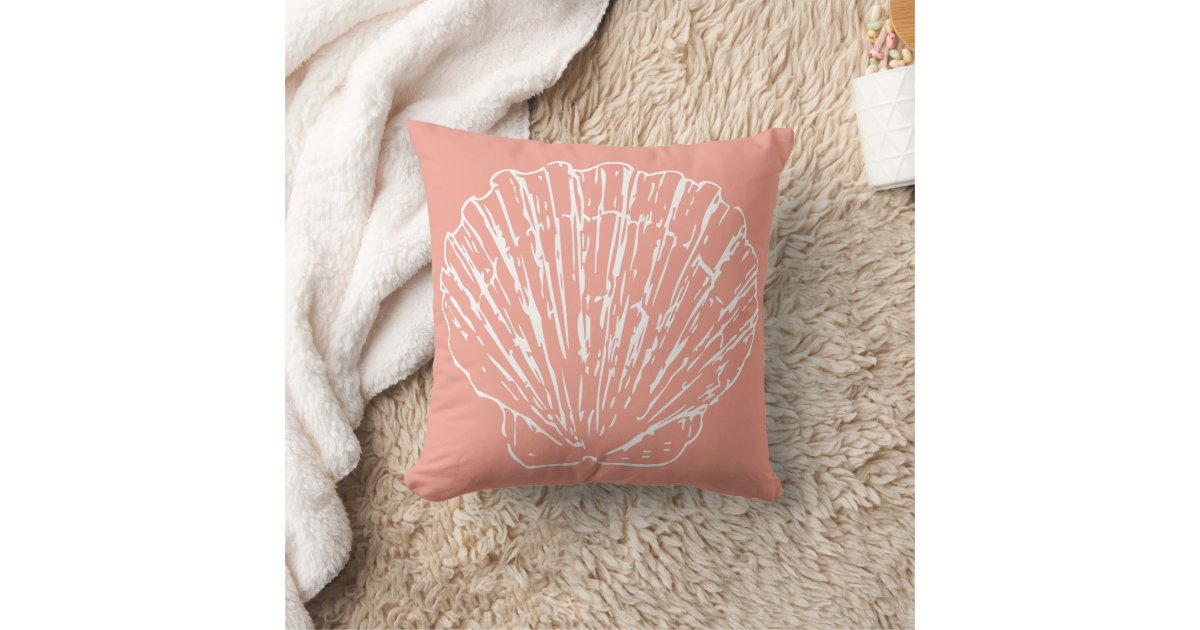 White Nautical Seashells Pattern On Coral Pink Throw Pillow | Zazzle