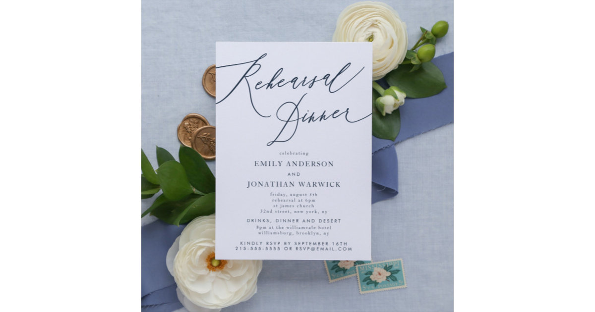 White Navy Blue Wedding Rehearsal Dinner Invitation | Zazzle