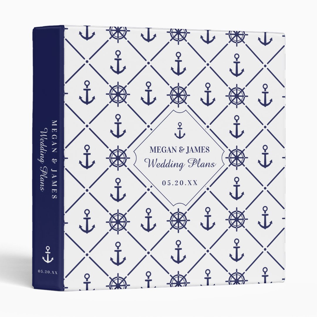 White & Navy Nautical Anchor Lighthouse Pattern 3 Ring Binder | Zazzle
