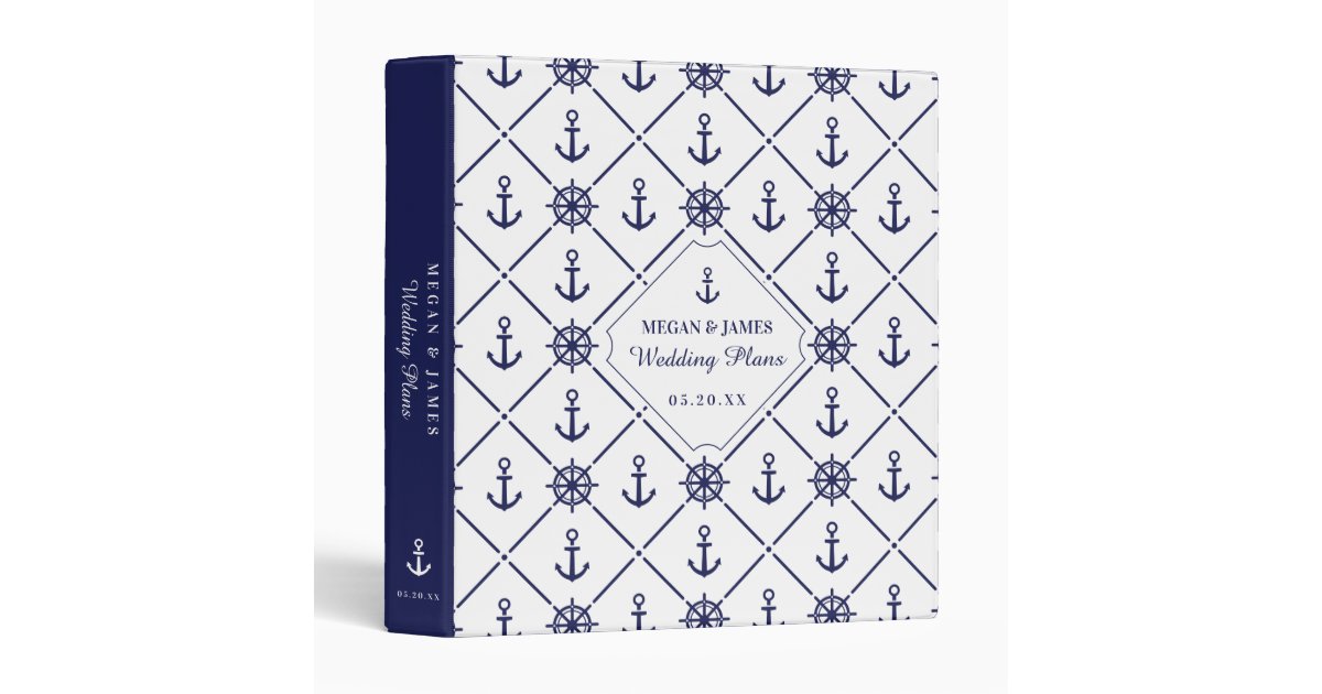 White & Navy Nautical Anchor Lighthouse Pattern 3 Ring Binder | Zazzle