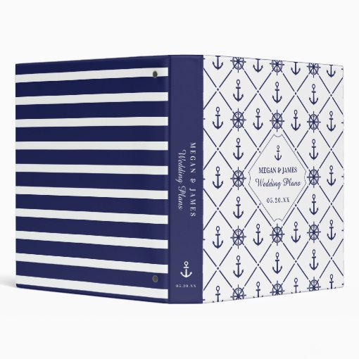 White & Navy Nautical Anchor Lighthouse Pattern 3 Ring Binder | Zazzle