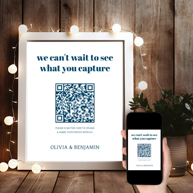 White & Navy | Wedding Photo Share QR Code Sign | Zazzle