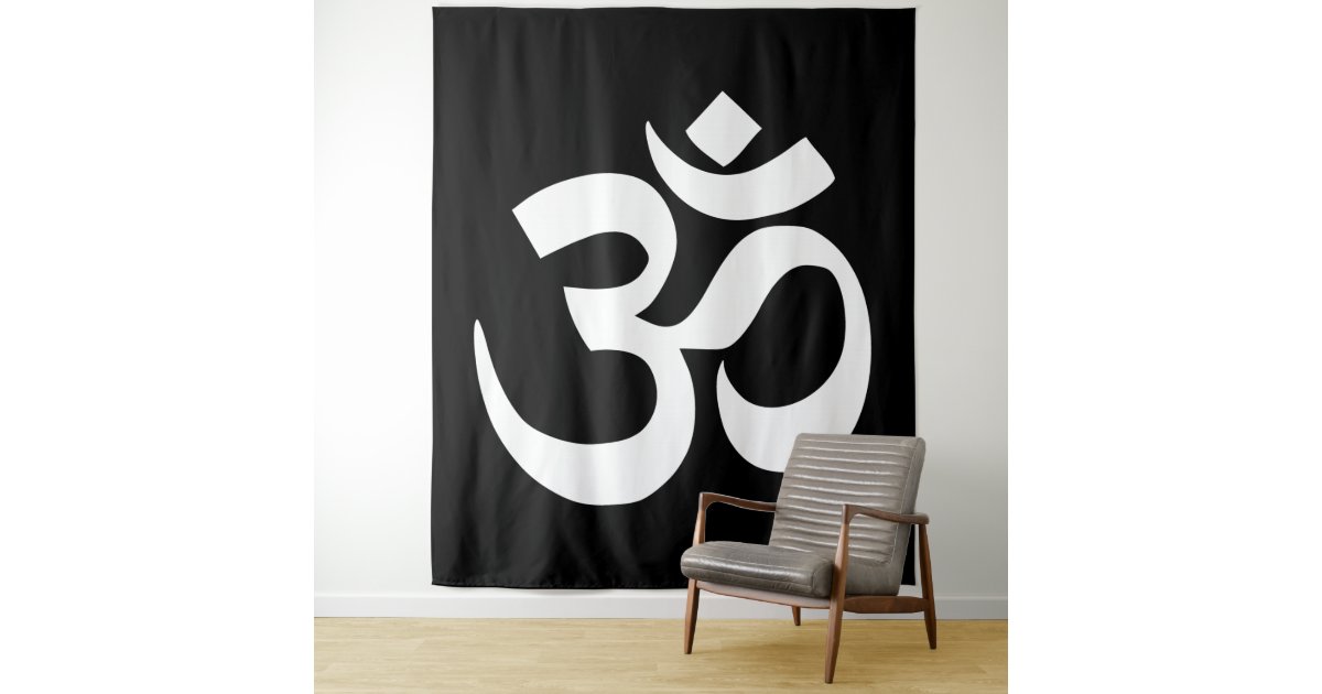 White Om Symbol on Black Tapestry | Zazzle