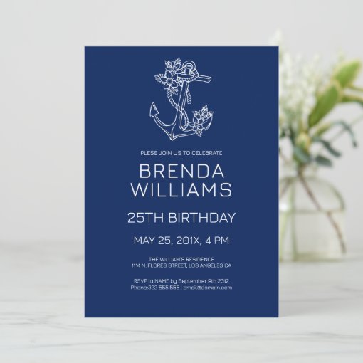 White on Blue Floral Blue Anchor Birthday Party Invitation | Zazzle
