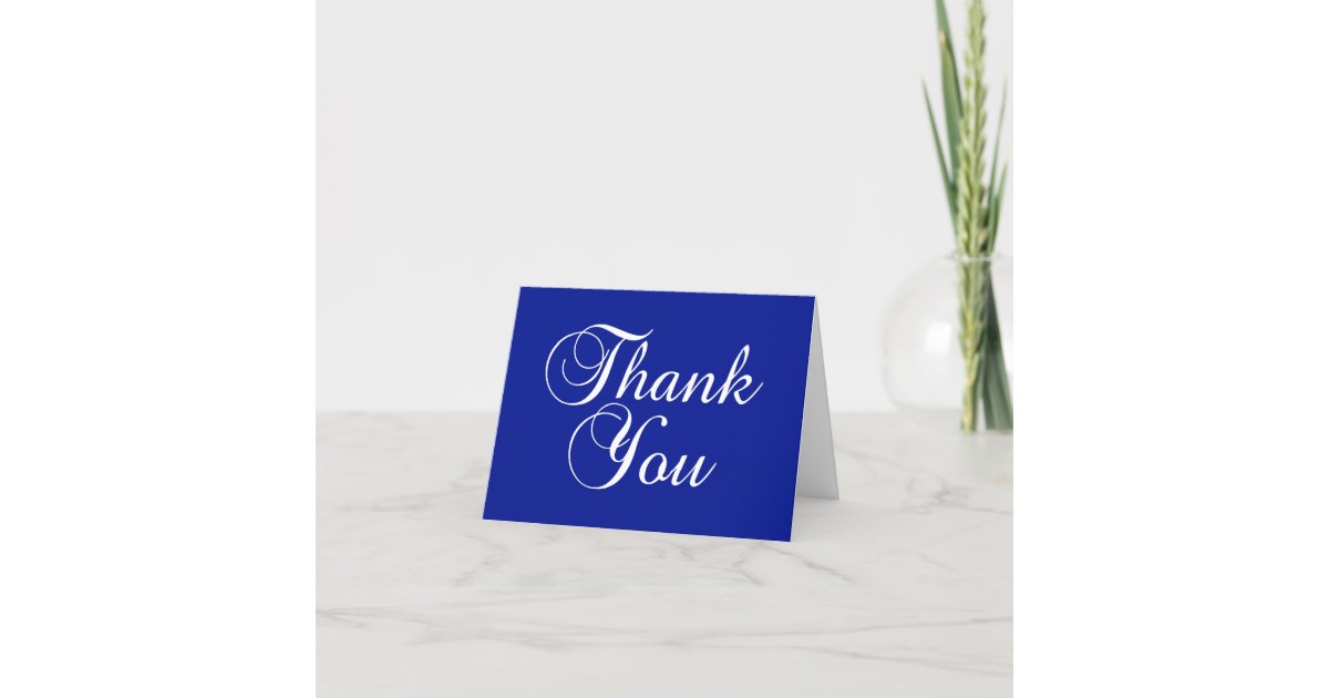 White on Royal Blue Decorative Script Thank You Card | Zazzle