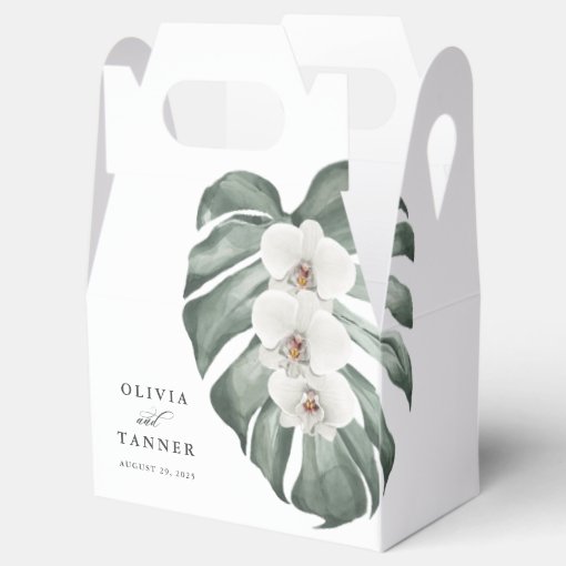 White Orchids and Monstera Leaf Tropical Floral Favor Boxes | Zazzle