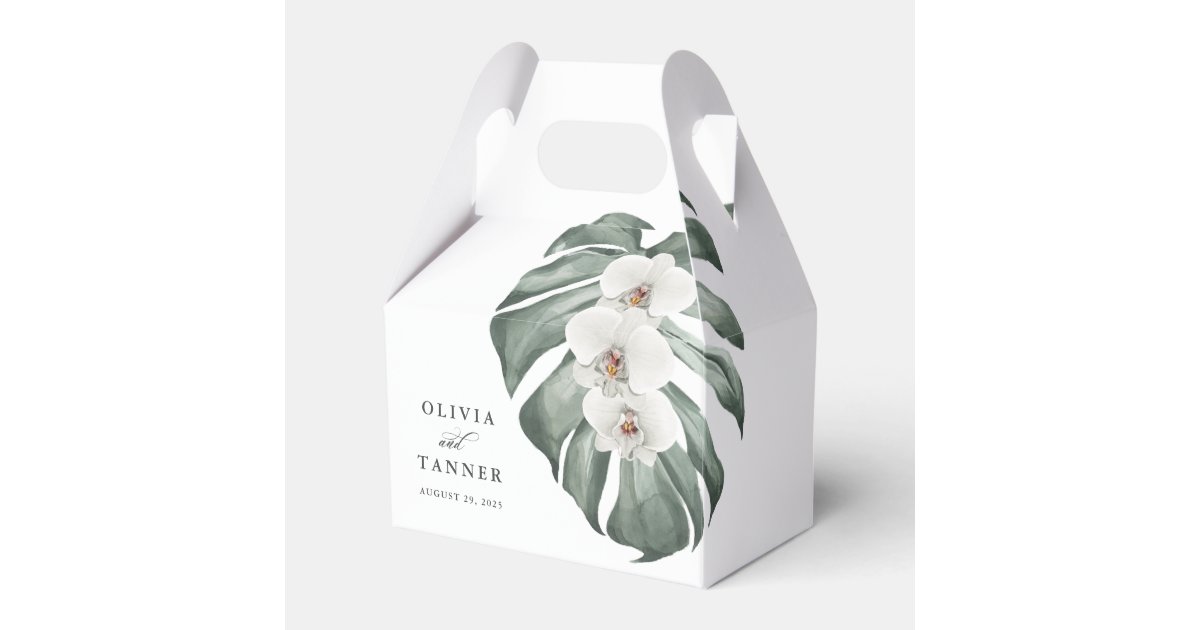 White Orchids and Monstera Leaf Tropical Floral Favor Boxes | Zazzle