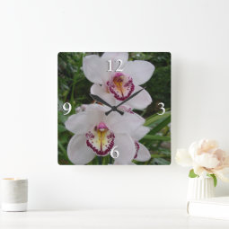 White Orchids Beautiful Tropical Flowers Square Wall Clock | Zazzle