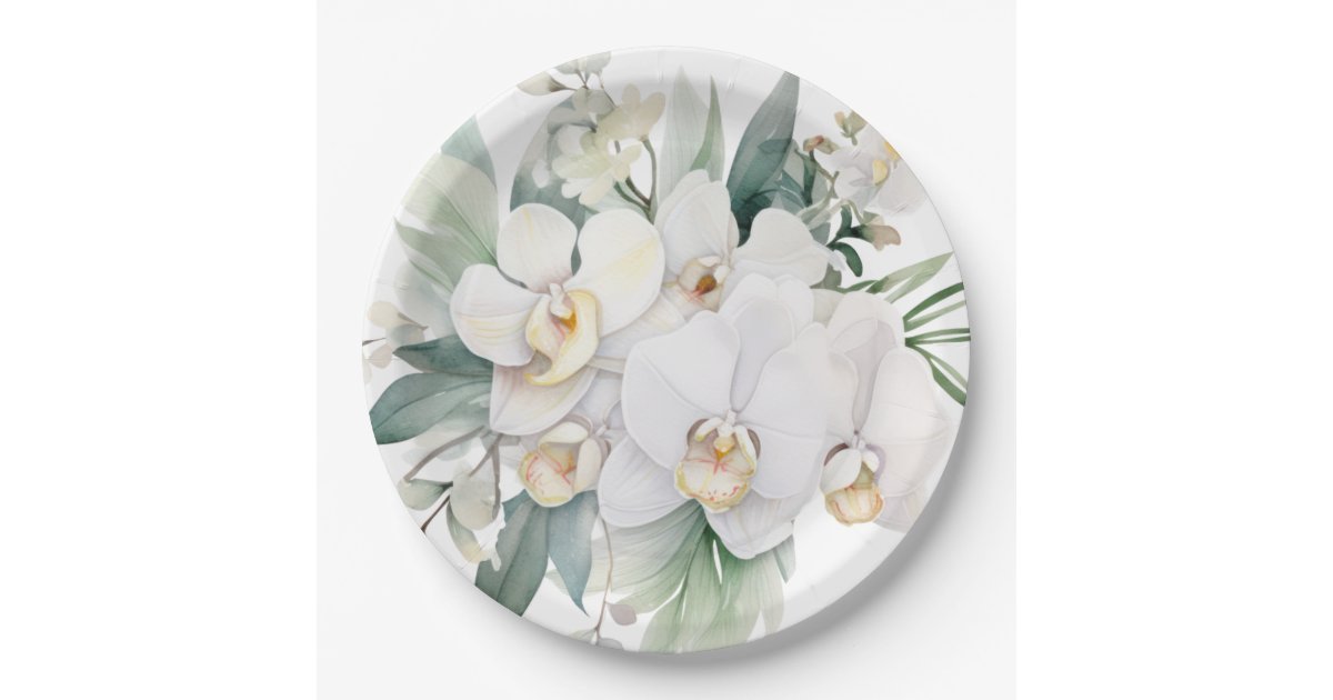 White Orchids Wedding Paper Plates | Zazzle