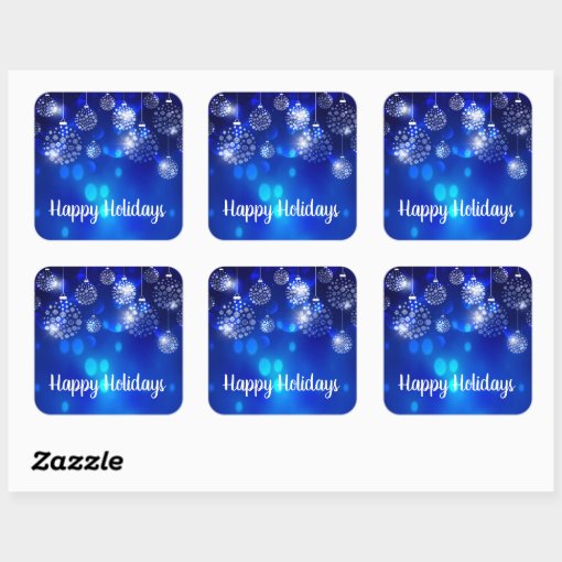 White Ornaments On Blue Happy Holiday Square Sticker | Zazzle