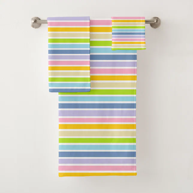 White Outlined Pastel Rainbow Stripes Bath Towel Set | Zazzle