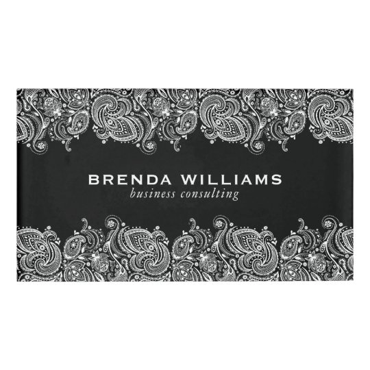 White paisley Lace On Black Background Name Tag | Zazzle.com