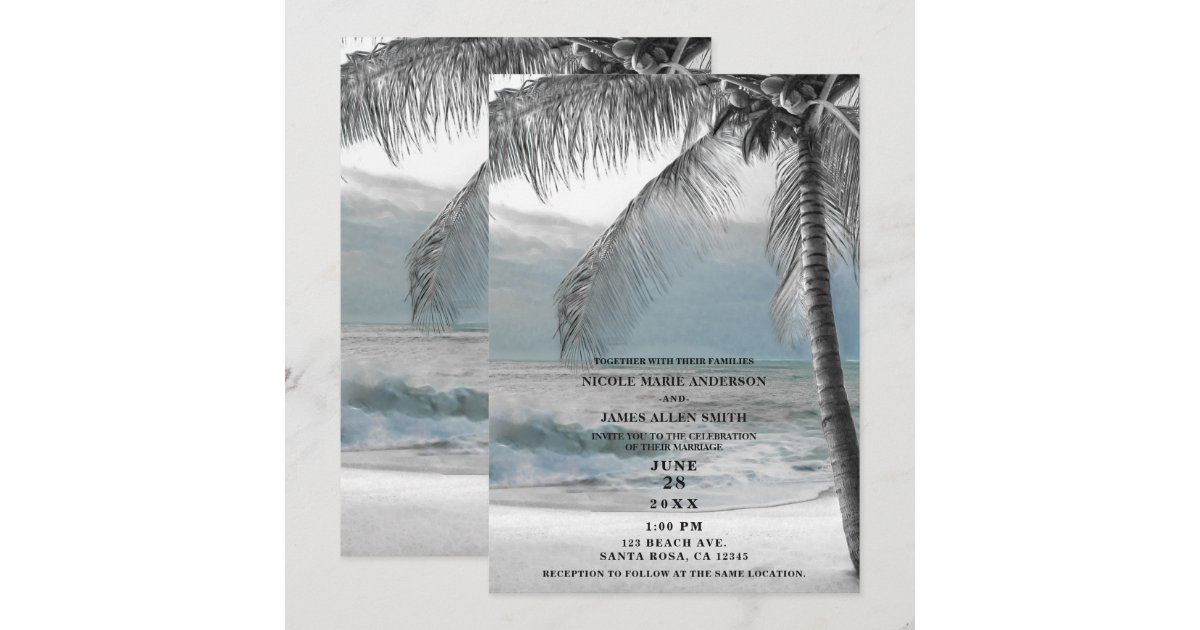 White Palm Coconut Tree Elegant Beach Wedding Invitation | Zazzle