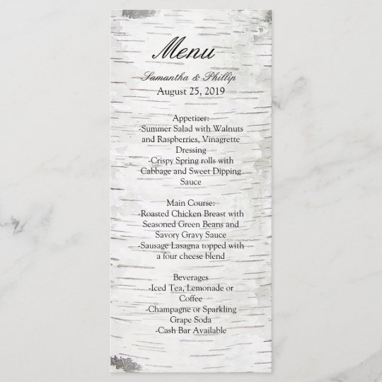 White Paper Birch Tree Bark Rustic Wood Wedding Menu | Zazzle.com