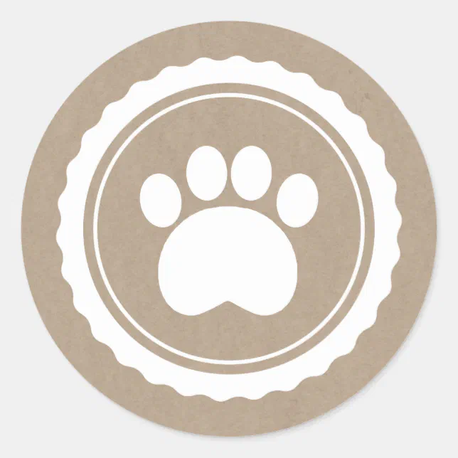 white paw print on brown paper classic round sticker | Zazzle