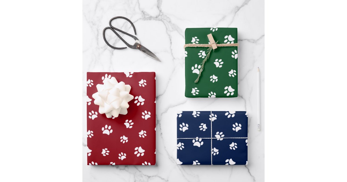 White Paw Prints Pattern on Red Green Blue Wrapping Paper Sheets | Zazzle