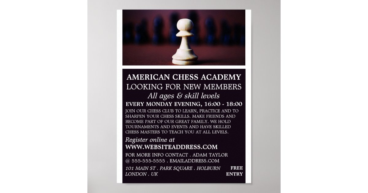 White Pawn, Chess Club Advertising Poster | Zazzle