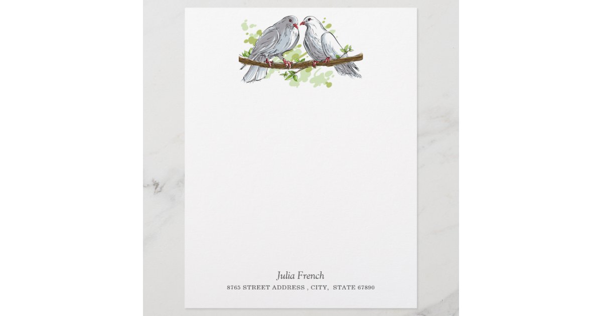 White Peace Dove Birds on Branch Letterhead | Zazzle