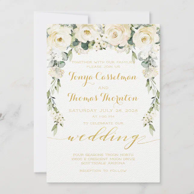 White Peony Epiphany Wedding Gold Calligraphy Invitation | Zazzle
