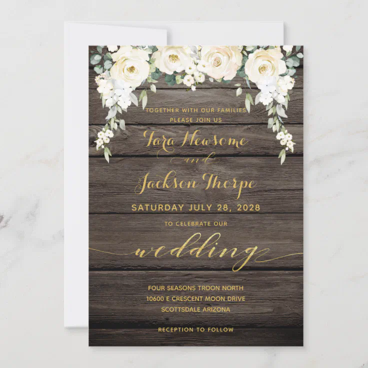White Peony Epiphany Wedding Rustic Barn Board Invitation | Zazzle