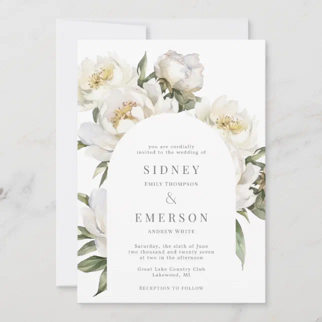 White Peony Floral Wedding Arch Invitation | Zazzle