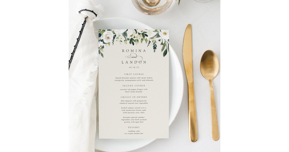 White Peony | Watercolor Floral Frame Wedding Menu | Zazzle