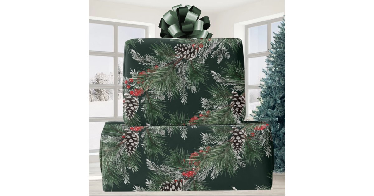 White Pine Cones Silver Spruce Red Berries Garland Wrapping Paper | Zazzle