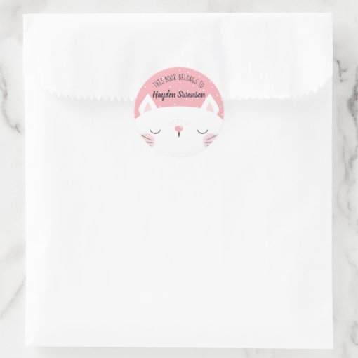 White & Pink Cat | This Book Belongs To Classic Round Sticker | Zazzle