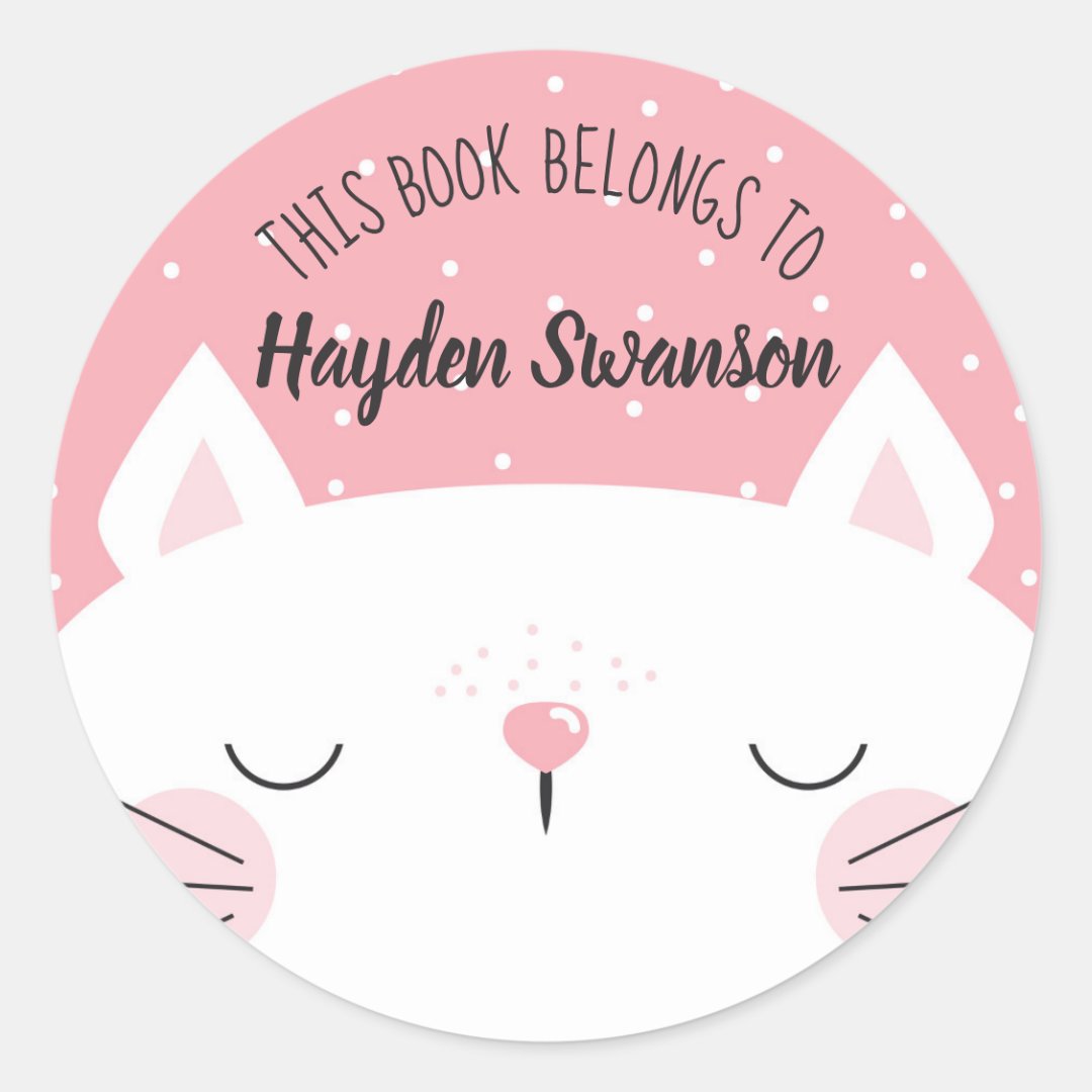 White & Pink Cat | This Book Belongs To Classic Round Sticker | Zazzle