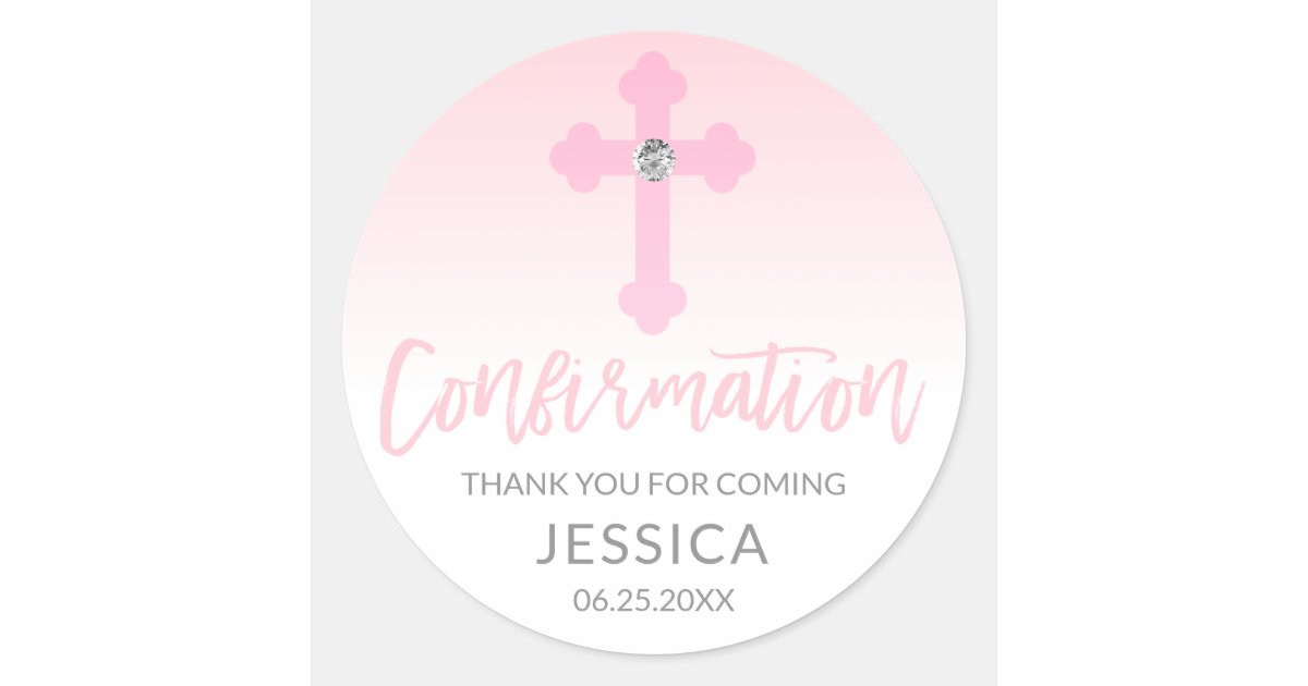 White Pink Cross CONFIRMATION Girl Thank You Classic Round Sticker | Zazzle