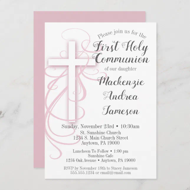 White Pink Cross First Holy Communion Invitation | Zazzle