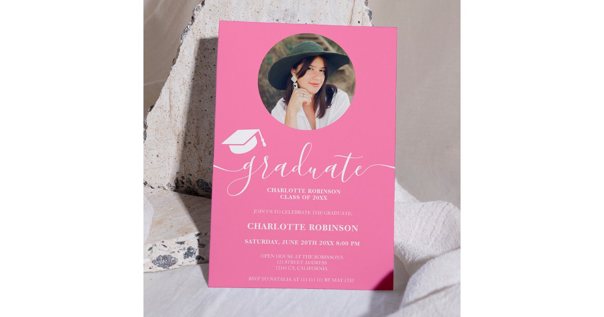 White pink graduate script photo graduation invitation | Zazzle