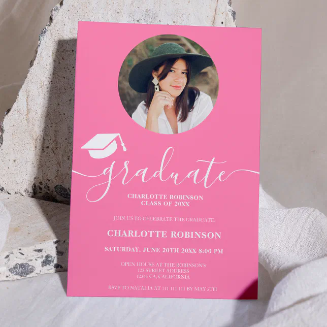 White pink graduate script photo graduation invitation | Zazzle