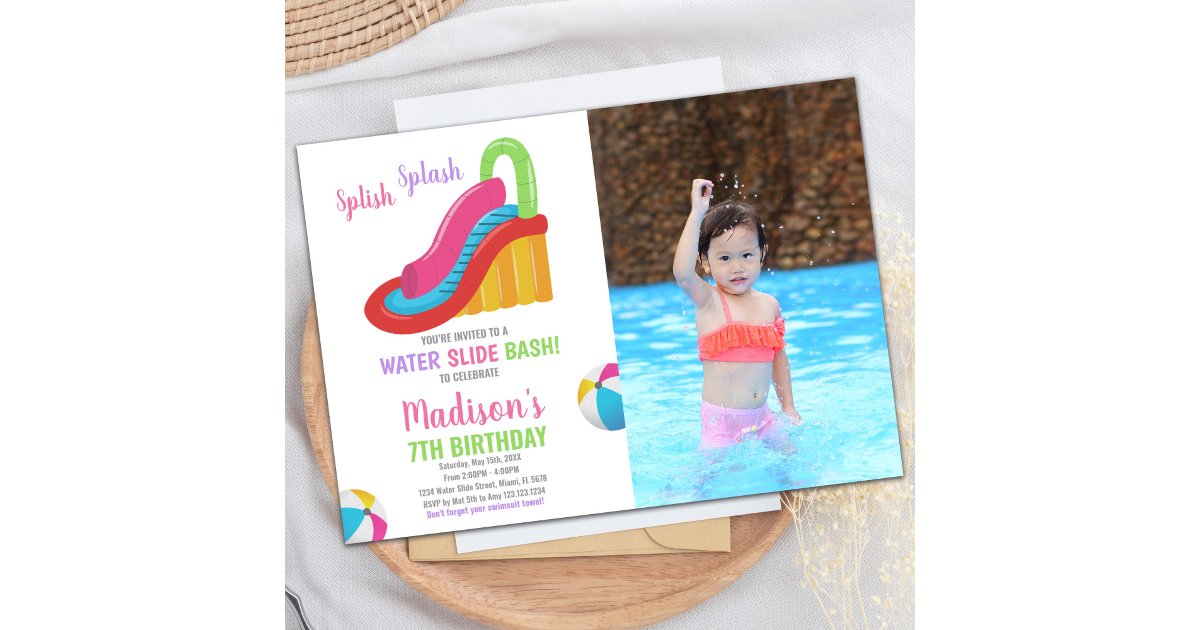 White Pink Photo Water Slide Birthday Invitations | Zazzle