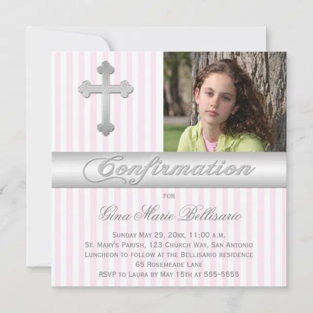White, Pink Stripes Confirmation Photo Invitation | Zazzle