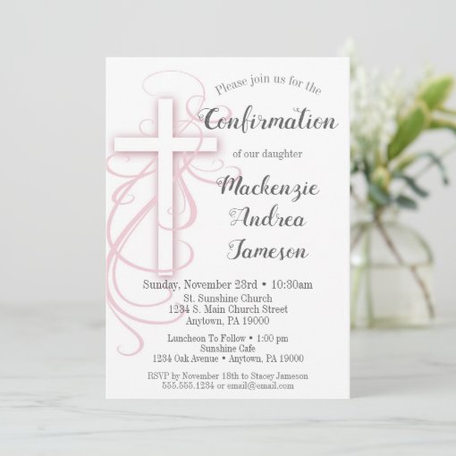 White Pink Swirl Cross Confirmation Invitation | Zazzle