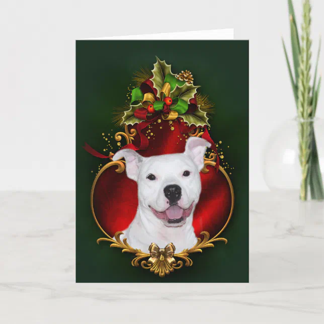 White pitbull Christmas Holiday Card | Zazzle