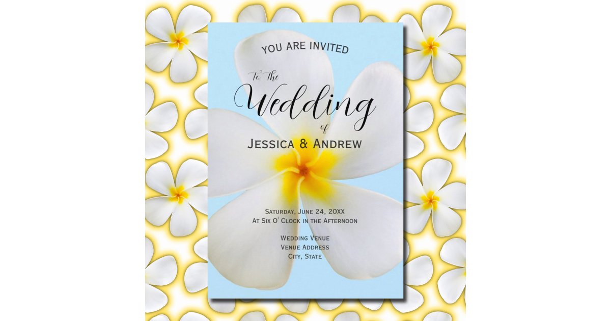 White Plumeria on Blue, Tropical, Floral Wedding Invitation | Zazzle