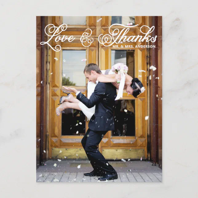 White Pretty Script Photo Wedding Thank You Postcard | Zazzle