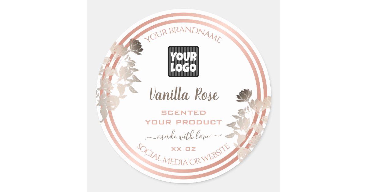 White Product Labels with Logo and Rose Gold Frame | Zazzle