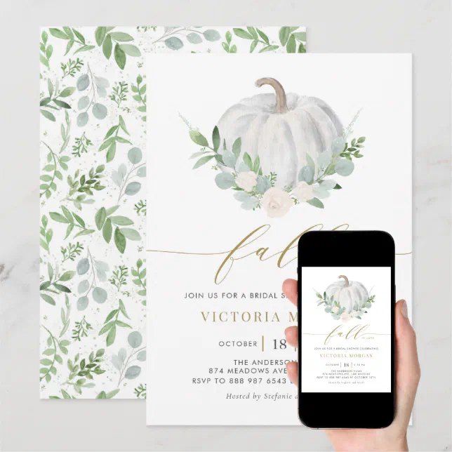 White Pumpkin and Greenery Fall Bridal Shower Invitation | Zazzle