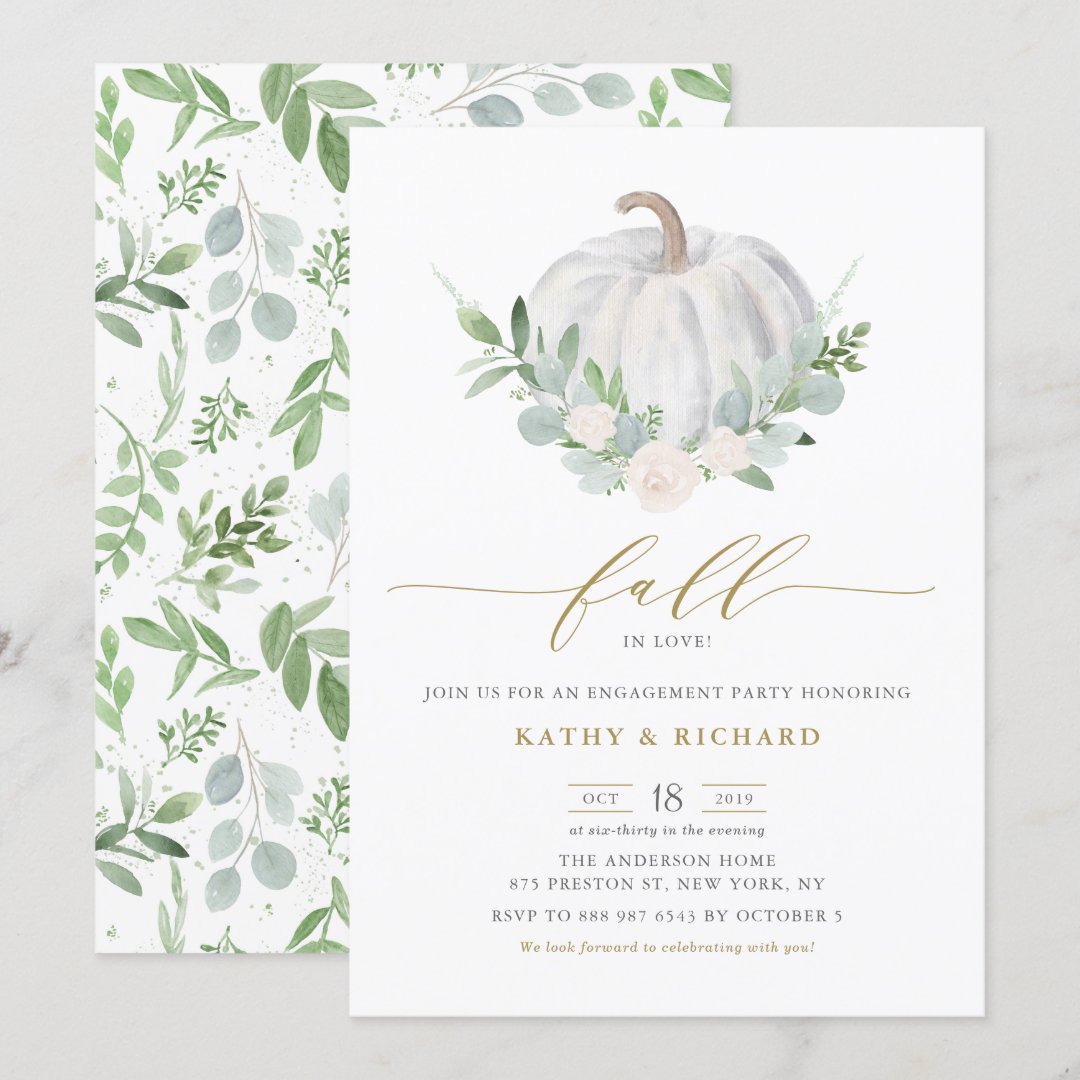 White Pumpkin and Greenery Fall Engagement Party Invitation | Zazzle
