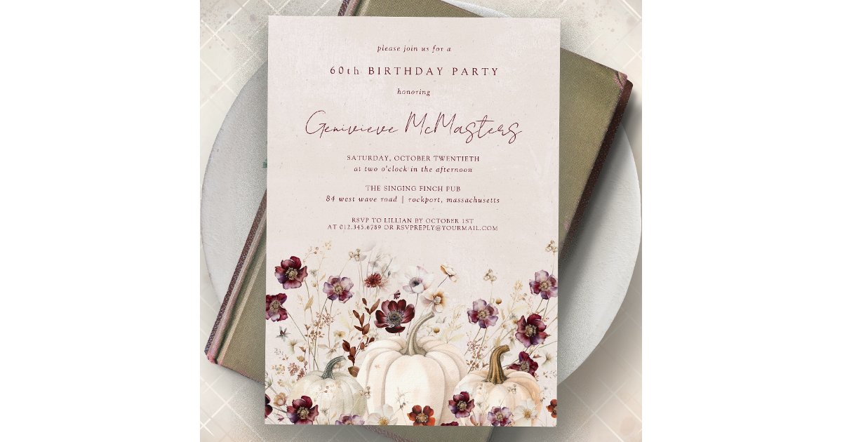 White Pumpkin Burgundy Wildflower 60th Birthday Invitation | Zazzle