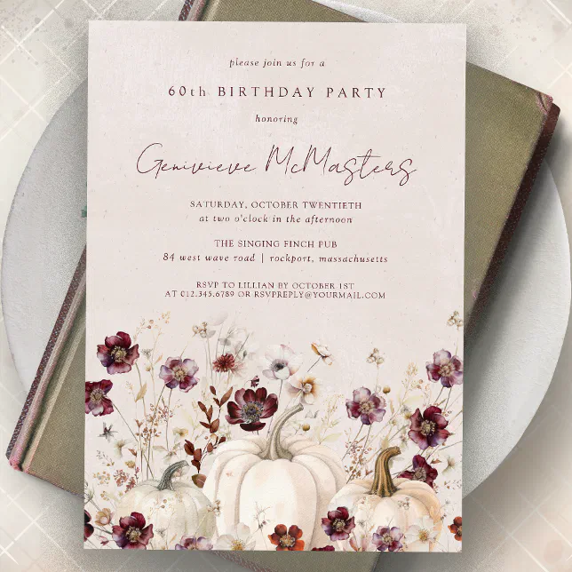 White Pumpkin Burgundy Wildflower 60th Birthday Invitation | Zazzle
